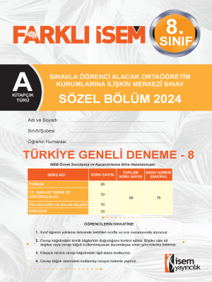 8.Sınıf Türkiye Geneli Deneme -8 - A Kitapçığı